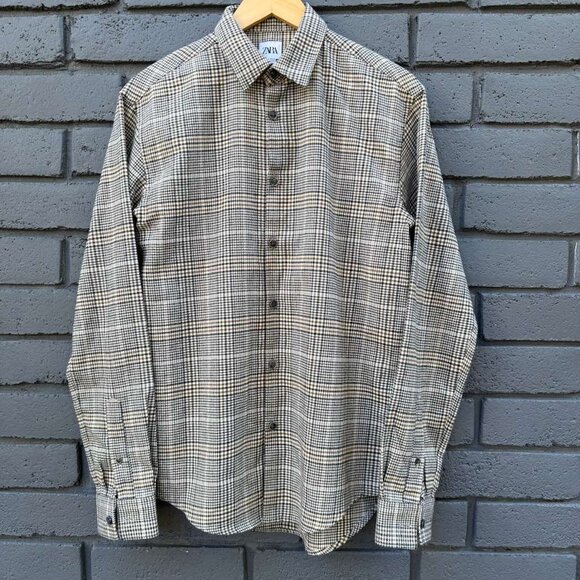 Zara | Shirts | Zara Houndstooth Tweed Plaid Button Up Shirt Men Tan ...